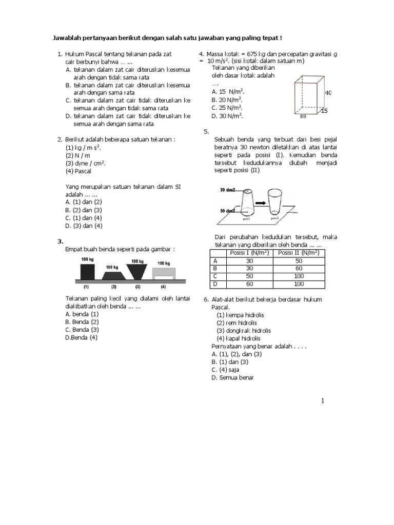 Ipa Bab 7 Latihan Soal 1 Tekanan Zat | PDF