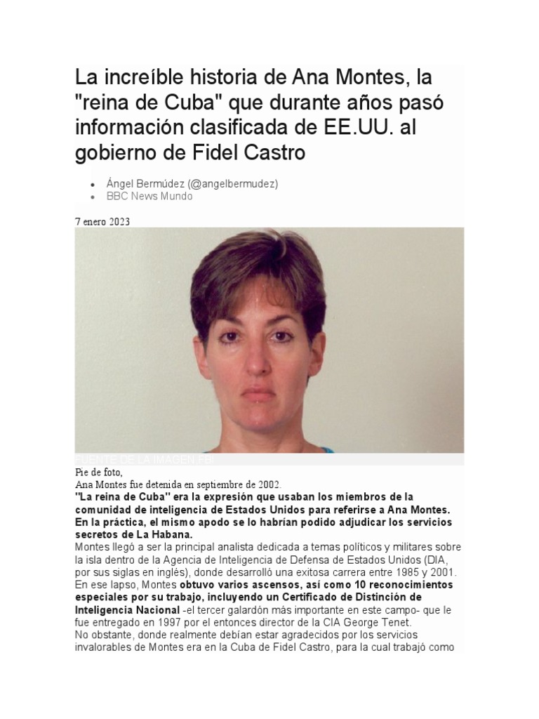 Ana Montes: Espía de EE.UU. a Cuba | PDF | Cuba | Agencia Central de ...