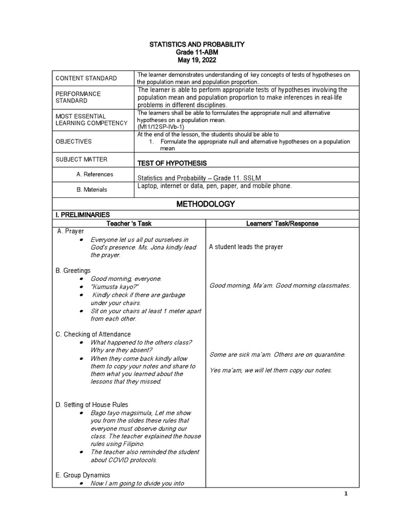 Detailed Lesson Plan-Test of Hypothesis | PDF | Hypothesis | Null ...