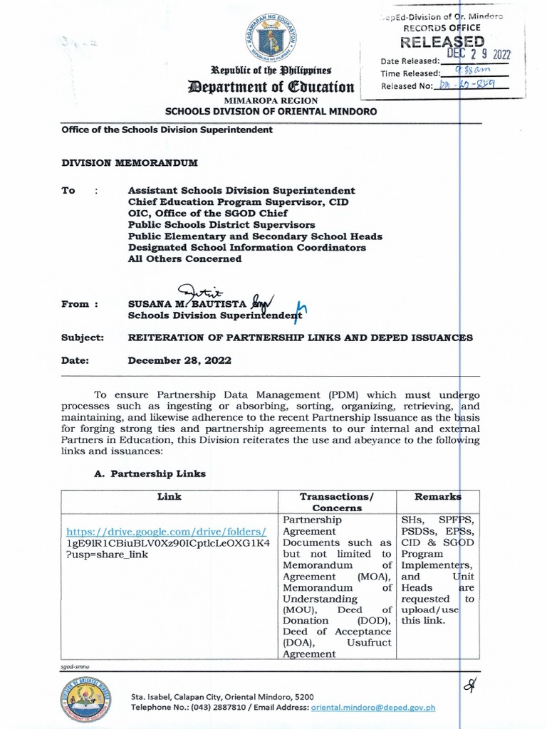 Reiteration of Partnership Links and DepEd Issuances | PDF