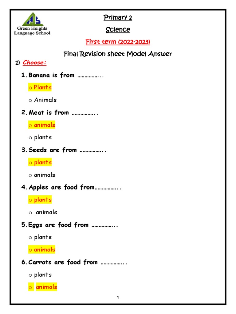 Final Revision Sheet Firt Term 2022 Prim 2 Model Answer | PDF | Planets | Water