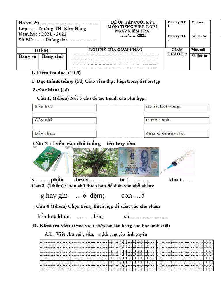 Đề Ôn Tv Hk1 Lớp 1 | PDF