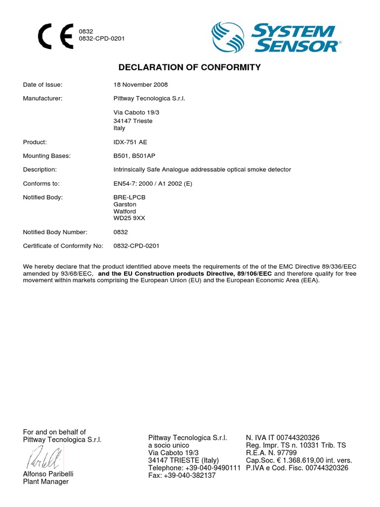 Certificado - Honeywell IDX-751AE CE | PDF