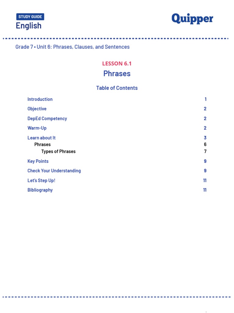 Grade 7 English: Understanding Phrases | PDF | Verb | Adjective