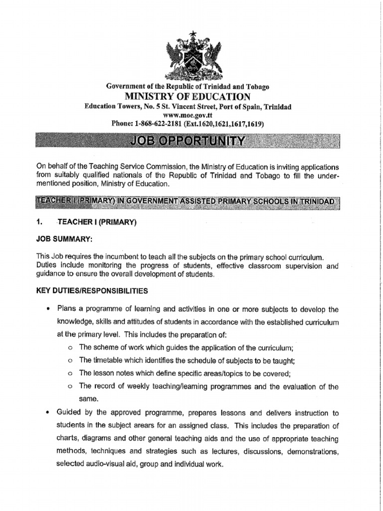 Advertisement For The Post of Teacher I Primary in Government Assisted ...