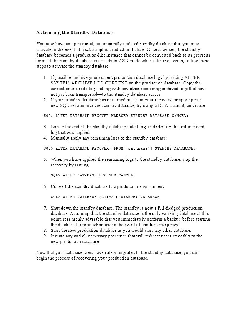 Standby Database Activation Guide | PDF