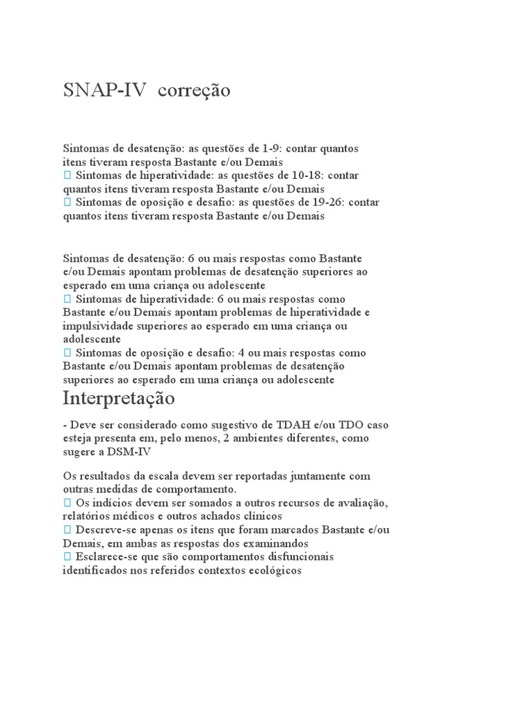 SNAP IV - Escala de Comportamento | PDF