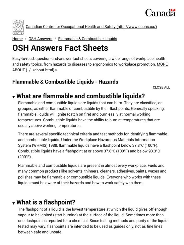 Flammable Combustible Liquids - Hazards OSH Answers | PDF ...