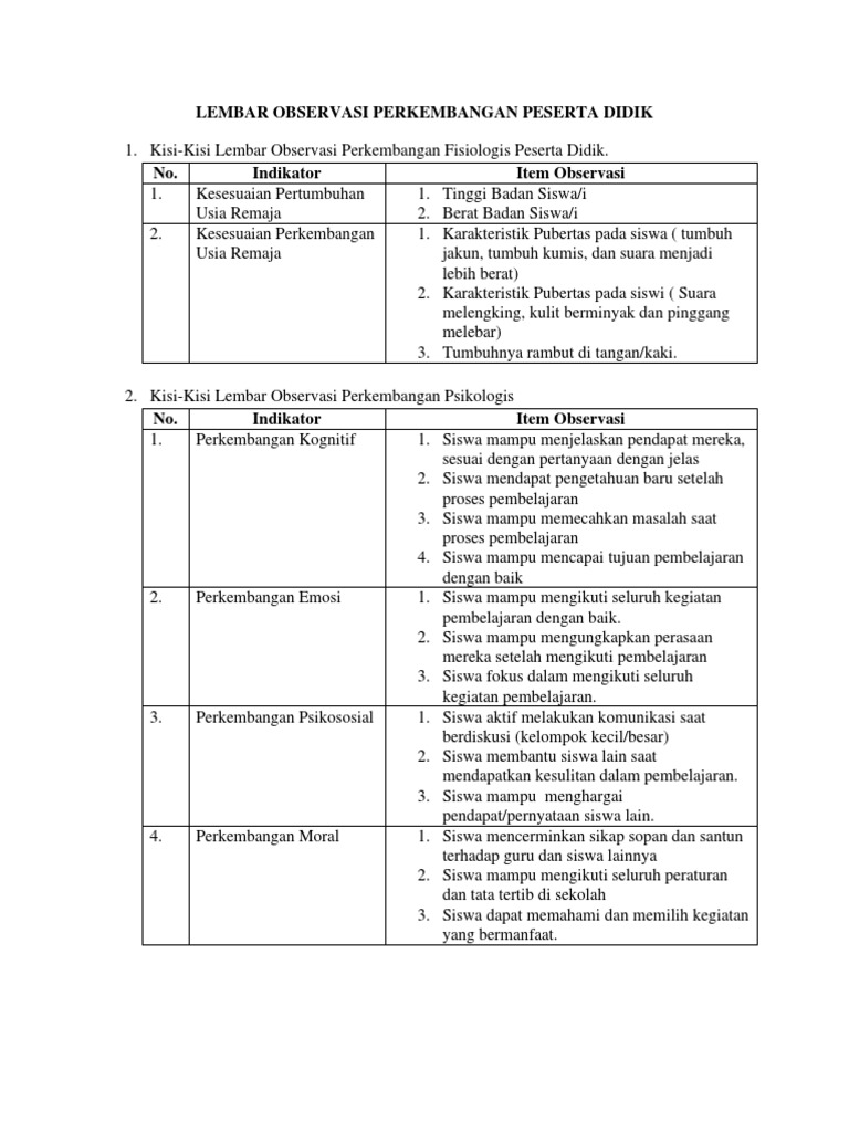 Lembar Observasi Perkembangan Peserta Didik | PDF | Karier & Perkembangan