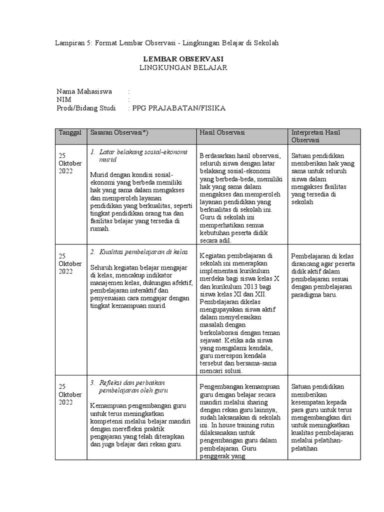 Lampiran 5 - Contoh Format Lembar Observasi Lingkungan Belajar Di ...