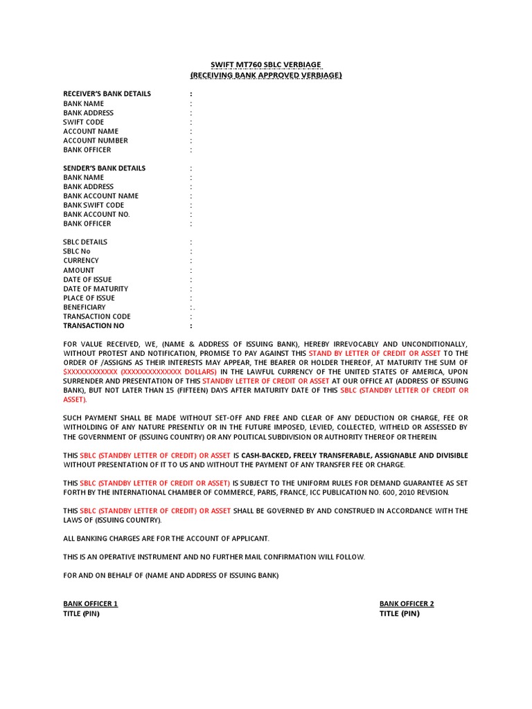 Swift MT 799 and Mt760 SBLC Verbiage | PDF | Letter Of Credit | Banks