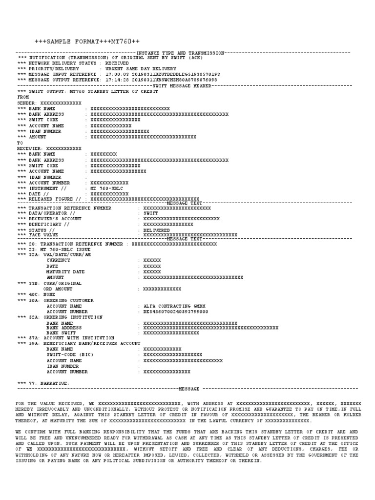 MT760 SWIFT Message Format Sample | PDF | Letter Of Credit | Banking