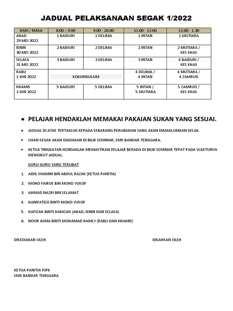 Jadual Pelaksanaan Segak 1-2022 | PDF