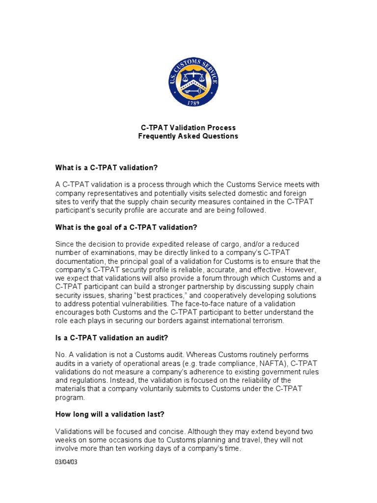 C-TPAT Validation FAQ Guide | PDF | Audit | Government