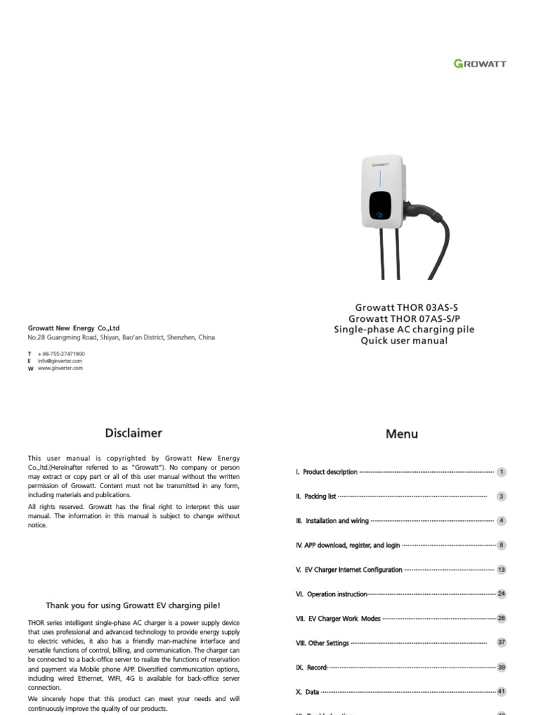 CARREGADOR Growatt THOR 03-07AS-S Single-Phase EV Charger User Manual | PDF | Solar Power ...