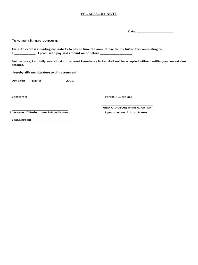 Tuition Fee Promissory Note Sample | PDF | Finance & Money Management