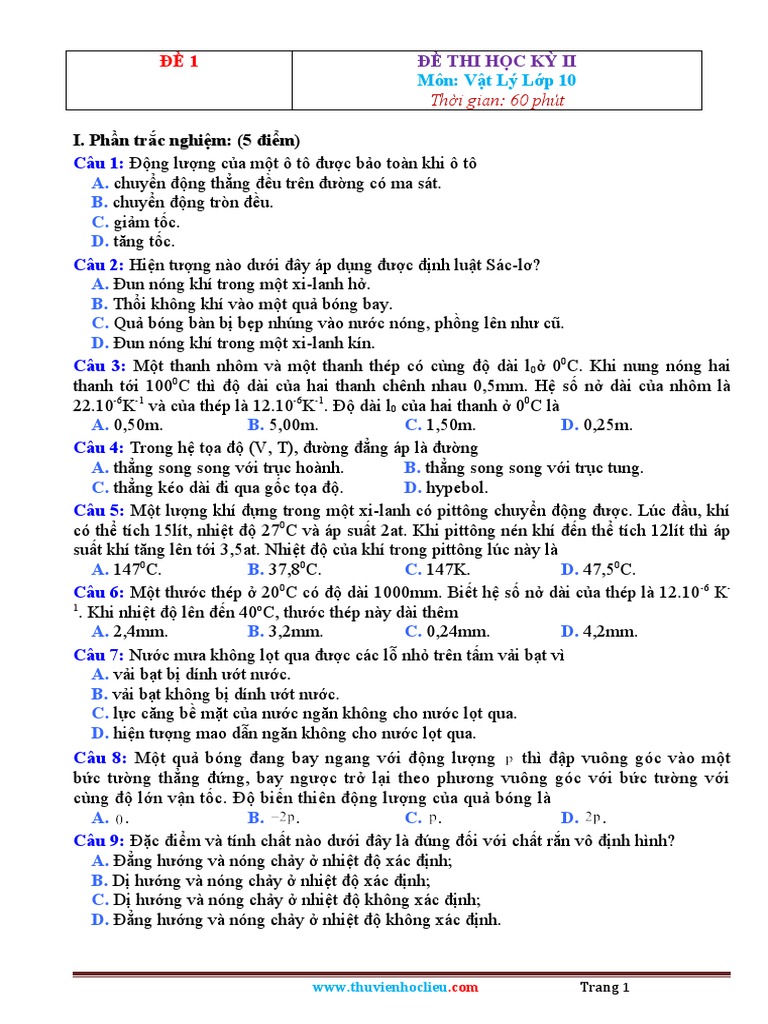 10 de Thi HK 2 Vat Ly 10 Co Dap An | PDF