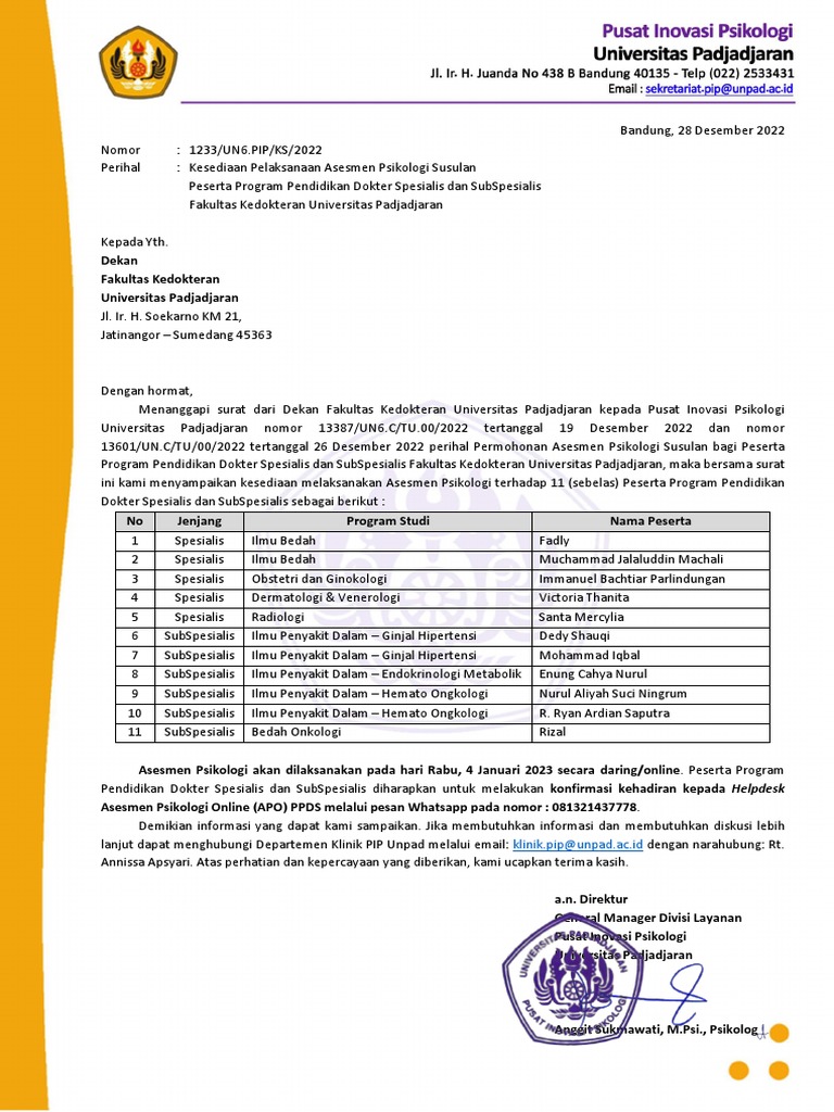 Kesediaan Asesmen Psikologi Susulan PPDS Unpad | PDF