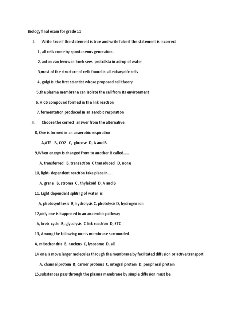Biology Final Exam For Grade 11 | PDF | Science & Mathematics
