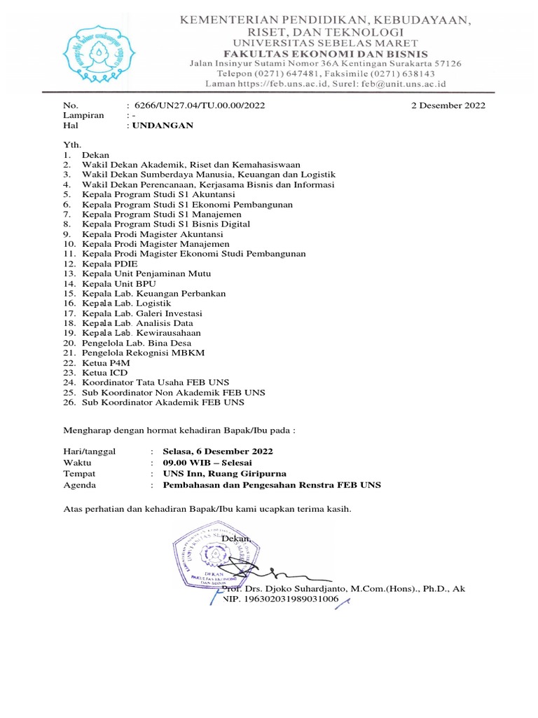 Undangan Pembahasan Renstra FEB UNS | PDF