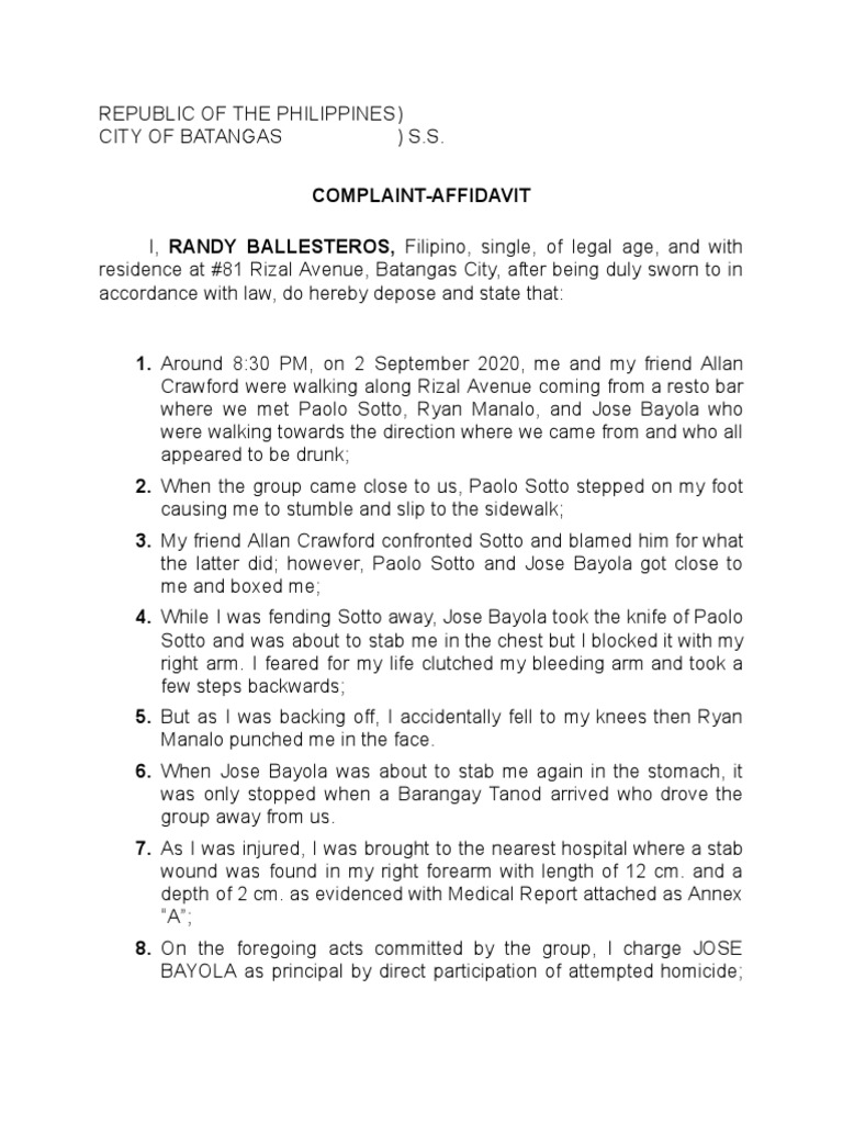 Complaint-Affidavit for Attempted Homicide | PDF | Crimes | Crime & Violence