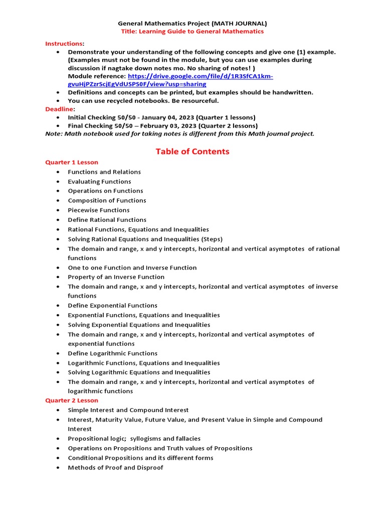 General Mathematics Project - Math Journal Table of Contents | PDF ...