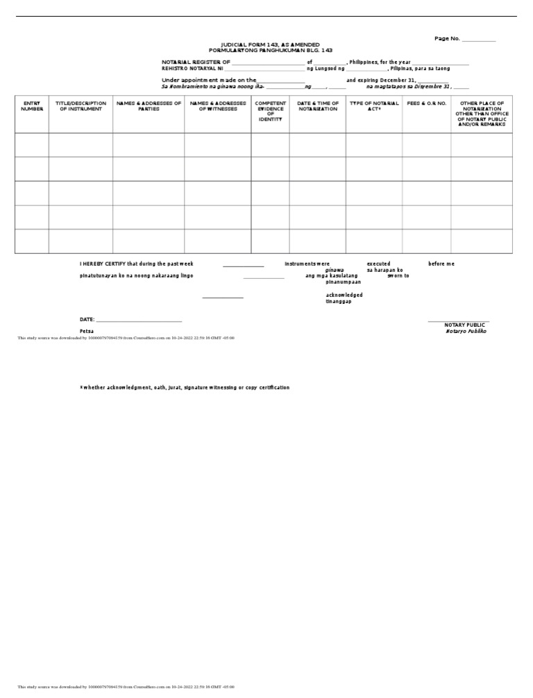 Notarial Register Form 143 Philippines | PDF | Notary Public | Common Law