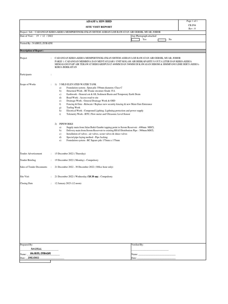 Tender Briefing Report - Muar | PDF | Equipment | Water