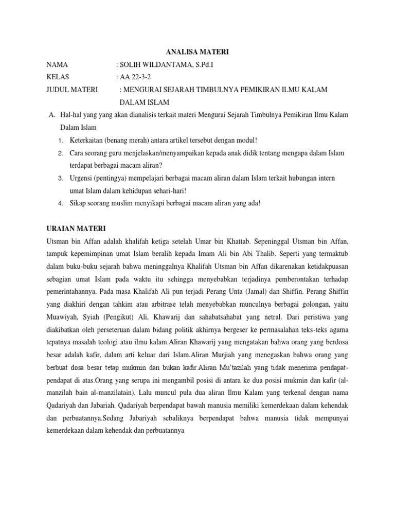 Analisa Materi Modul Ilmu Kalam Solih Wildantama | PDF | Agama ...