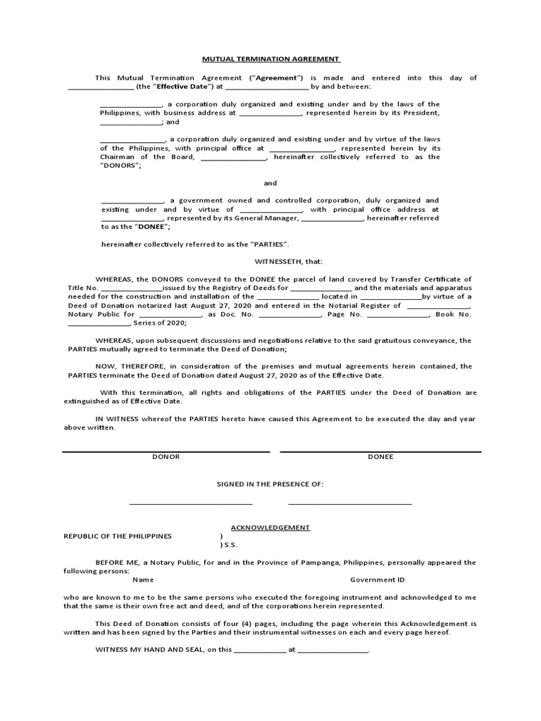 Termination of Deed of Donation Agreement | PDF | Deed | Notary Public