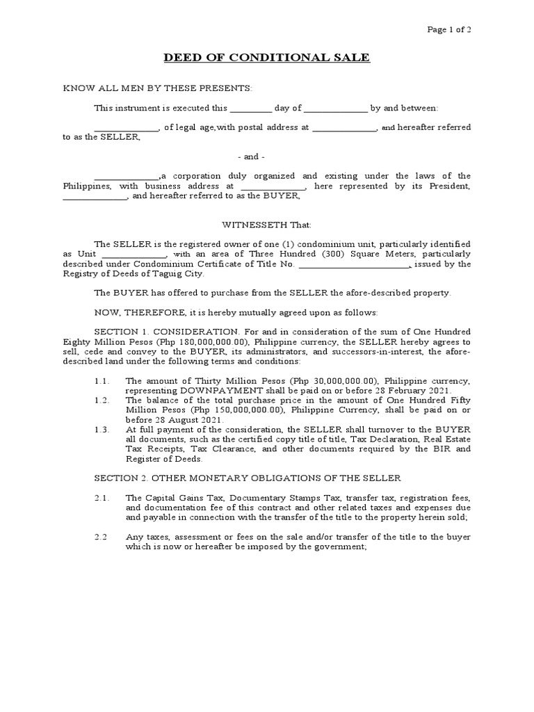 Deed of Conditional Sale (Sccribed) | PDF | Taxes | Deed