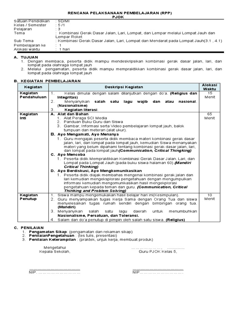 RPP Kombinasi Gerak Dasar PJOK Kelas 5 | PDF | Karier & Perkembangan