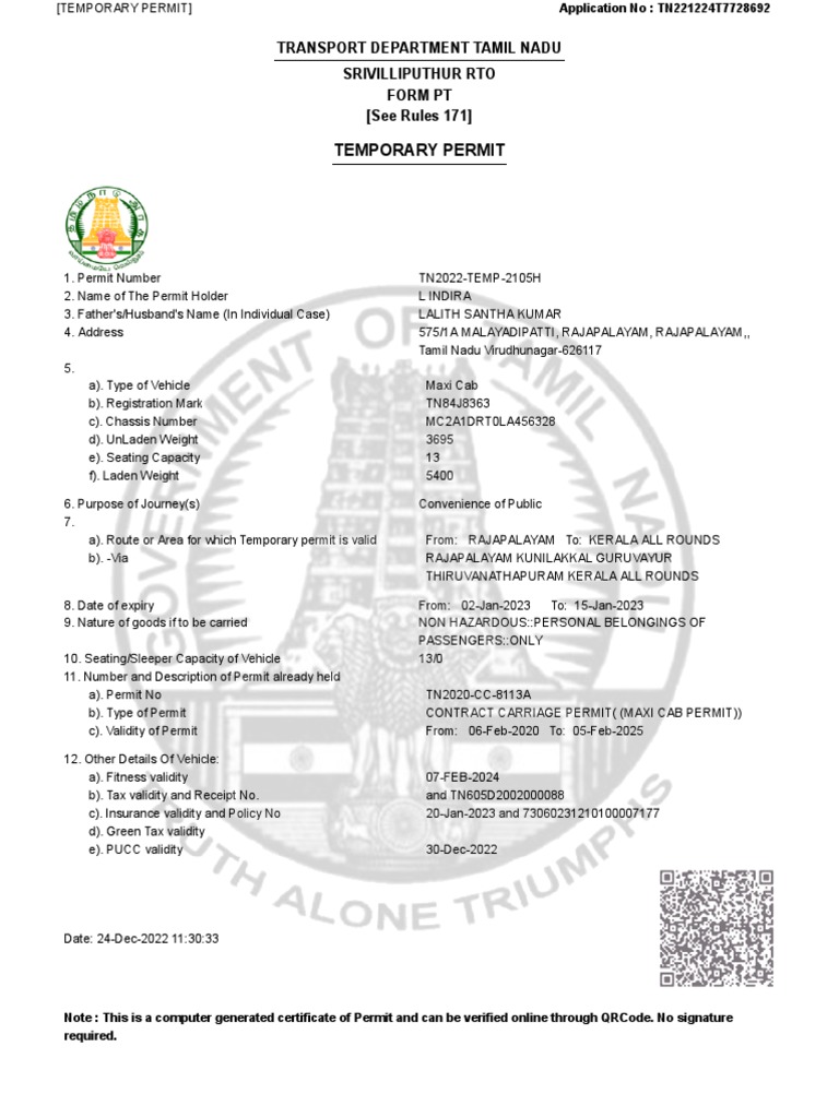 Tamil Nadu Temporary Vehicle Permit | PDF | Land Transport | Vehicles