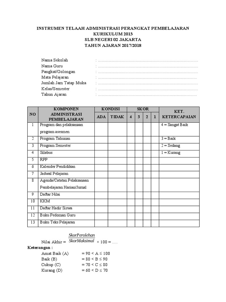 Instrumen Telaah Administrasi Perangkat Pembelajaran Kurikulum 2013 | PDF