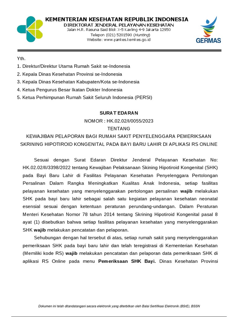 Surat Edaran Dirjen Yankes - Pelaporan SHK Di RS Online | PDF ...