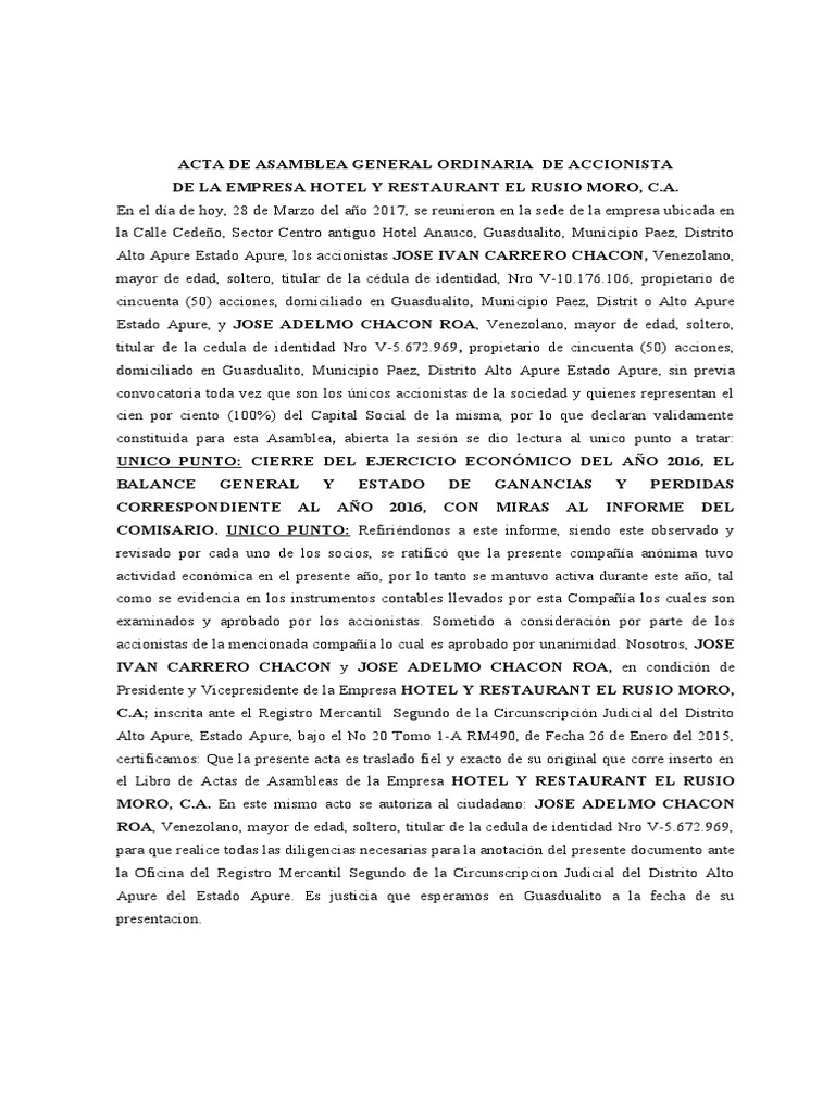 Acta de Asamblea Hotel El Rusio Moro | PDF | Venezuela | Business