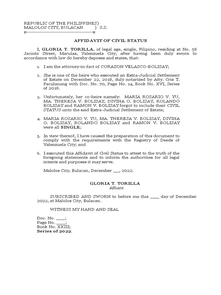 Affidavit of Civil Status TORILLA | PDF