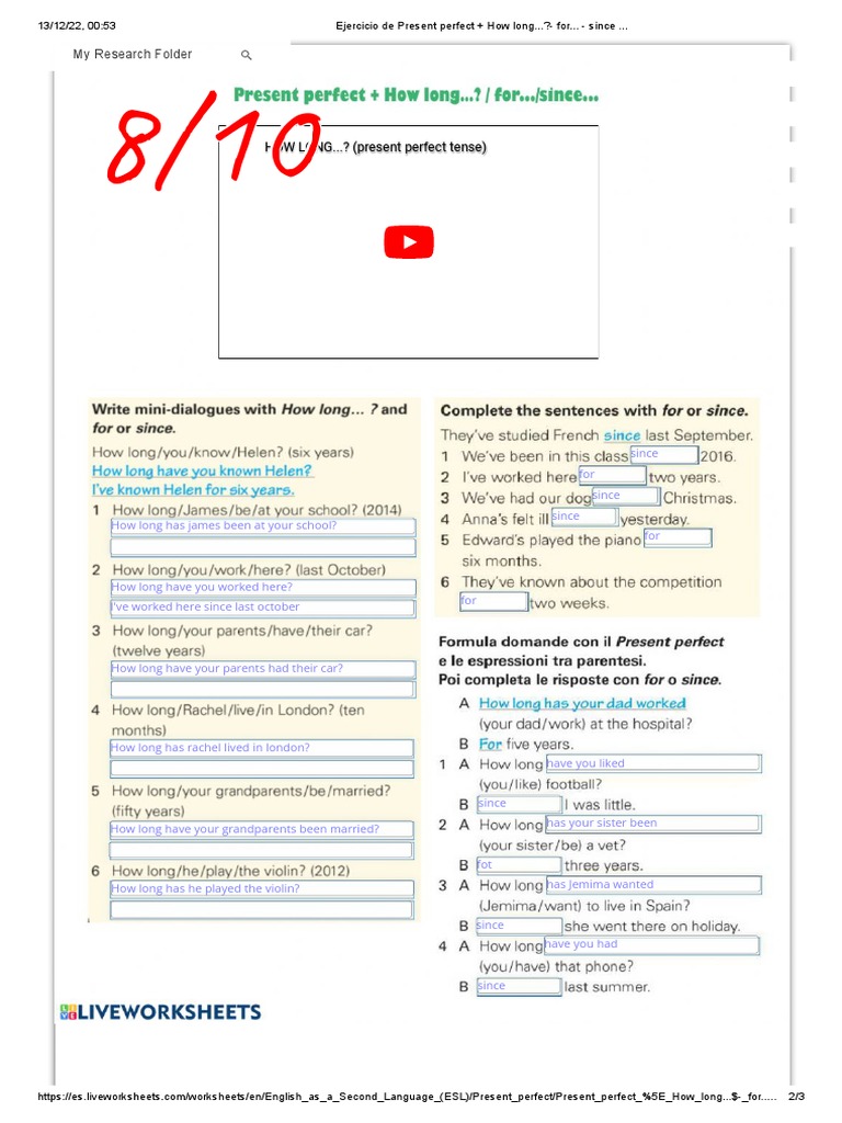 Ejercicio de Present Perfect + How Long... - For... - Since .. | PDF