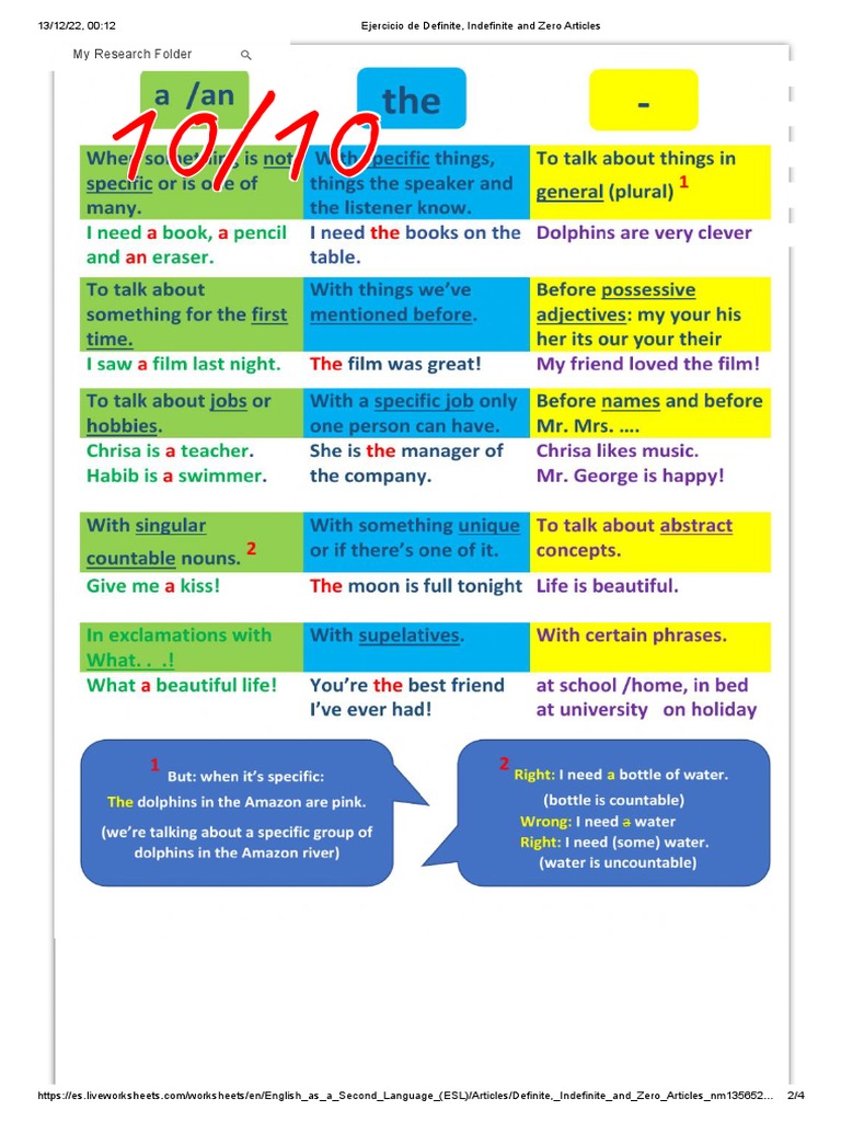 Ejercicio de Definite, Indefinite and Zero Articles | PDF