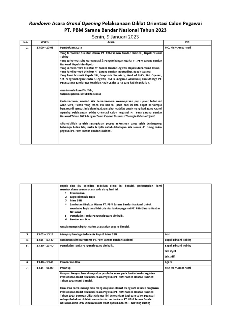 Rundown Acara Grand Opening Pelaksanaan Diklat Orientasi Calon Pegawai ...