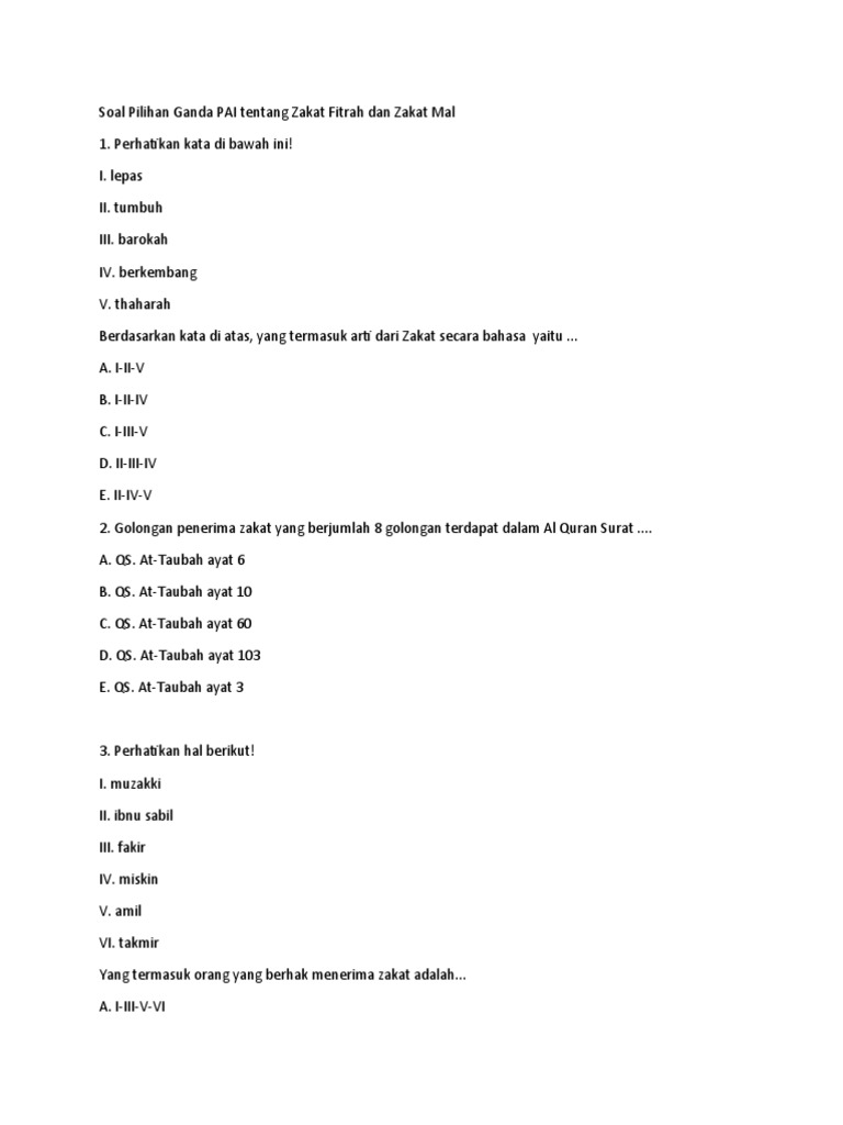 Soal Pilihan Ganda PAI Tentang Zakat Fitrah Dan Zakat Mal | PDF