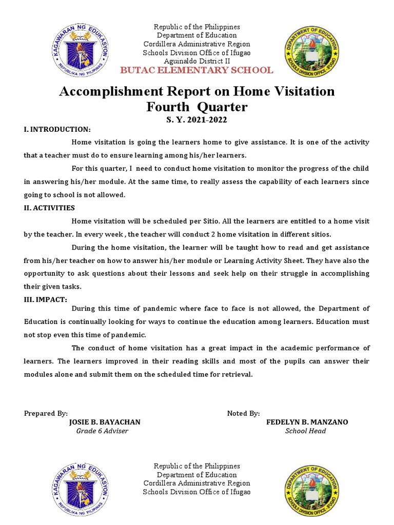 Butac Elementary Home Visitation Report | PDF | Learning | Teachers