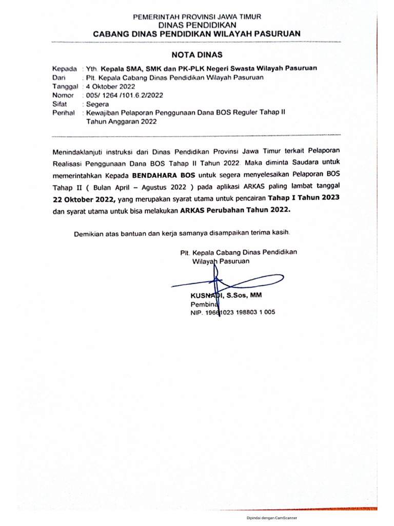 Nota Dinas Pelaporan BOS Tahap II | PDF
