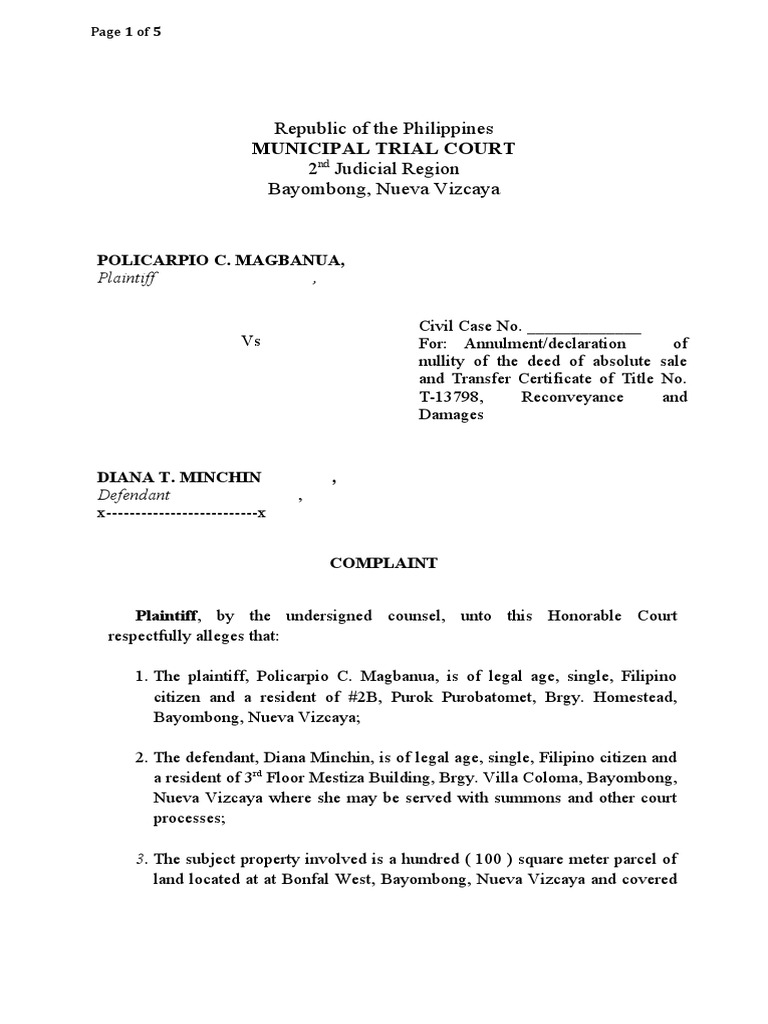 Complaint for Annulment of Sale | PDF | Lawsuit | Complaint