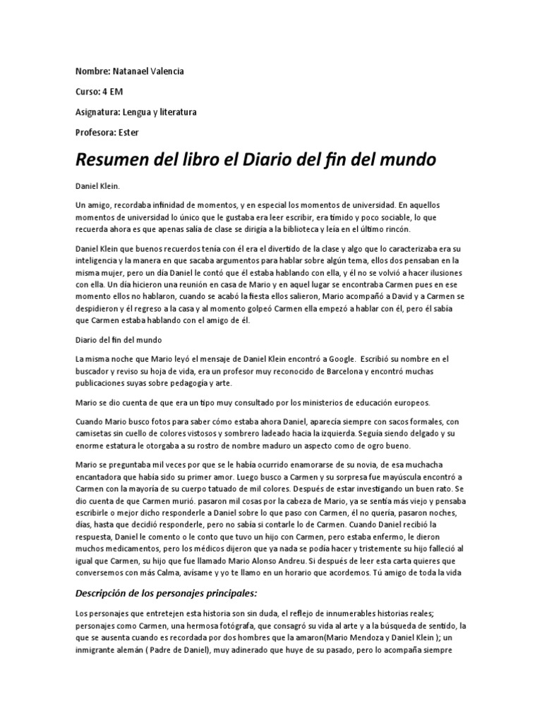 Resumen Del Libro El Diario Del Fin Del Mundo | PDF
