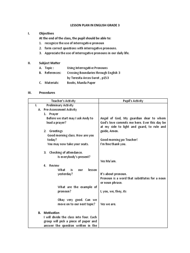 Grade 3 Lesson Plan: Interrogative Pronouns | PDF | Pronoun | Question