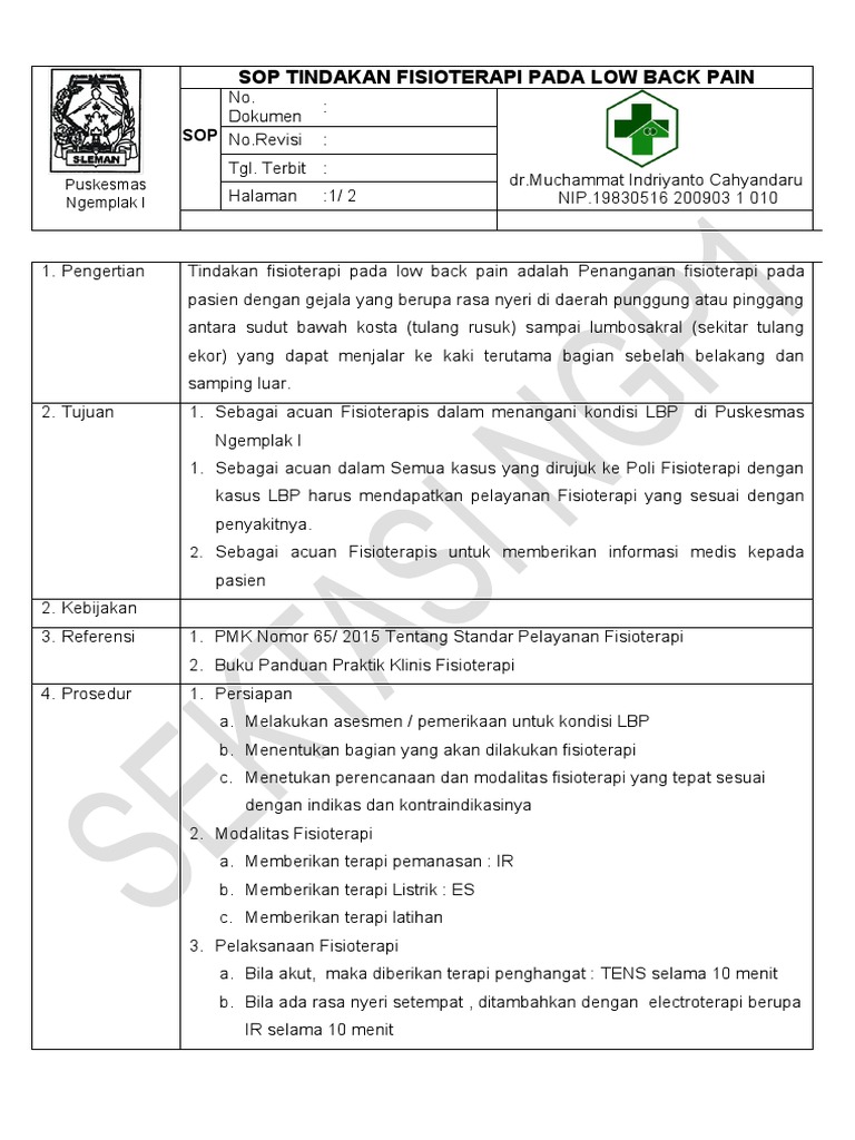SOP Fisioterapi Low Back Pain | PDF | Pengembangan Diri | Kesehatan Holistik