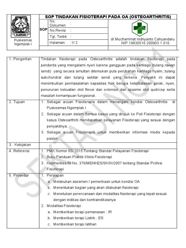 SOP Fisioterapi Osteoarthritis Puskesmas | PDF