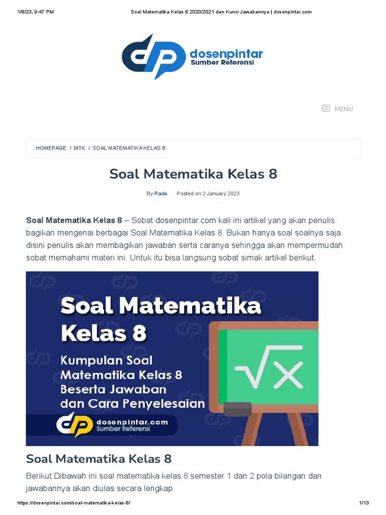Soal Matematika Kelas 8 2020 - 2021 Dan Kunci Jawabannya | PDF