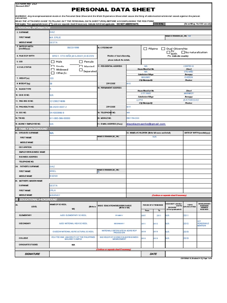 CS Form No. 212 Personal Data Sheet Excel Format2 | PDF | Agriculture | Foods